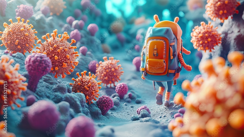 49. A 3D cartoon virus with a backpack, hiking on a path made of cells ...
