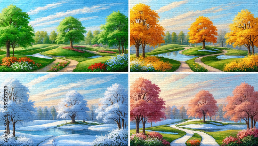 Four Seasons Landscape: A Serene Transformation Across Summer, Autumn ...
