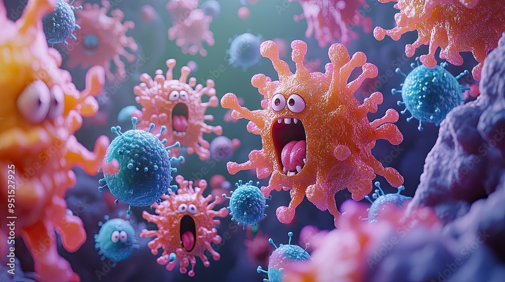 47. A 3D cartoon animation of a group of germs playing cards on a cell ...