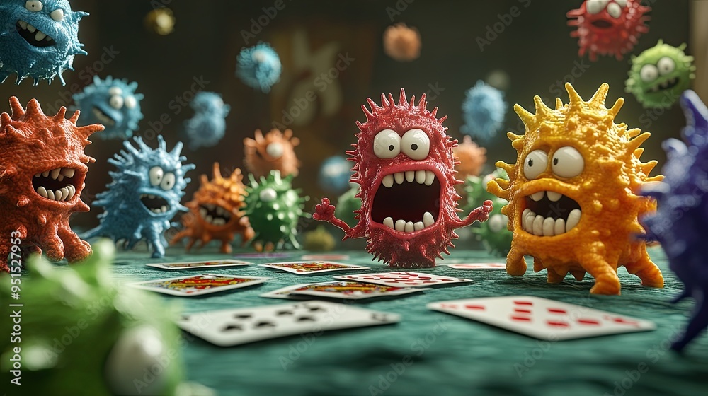 47. A 3D cartoon animation of a group of germs playing cards on a cell ...