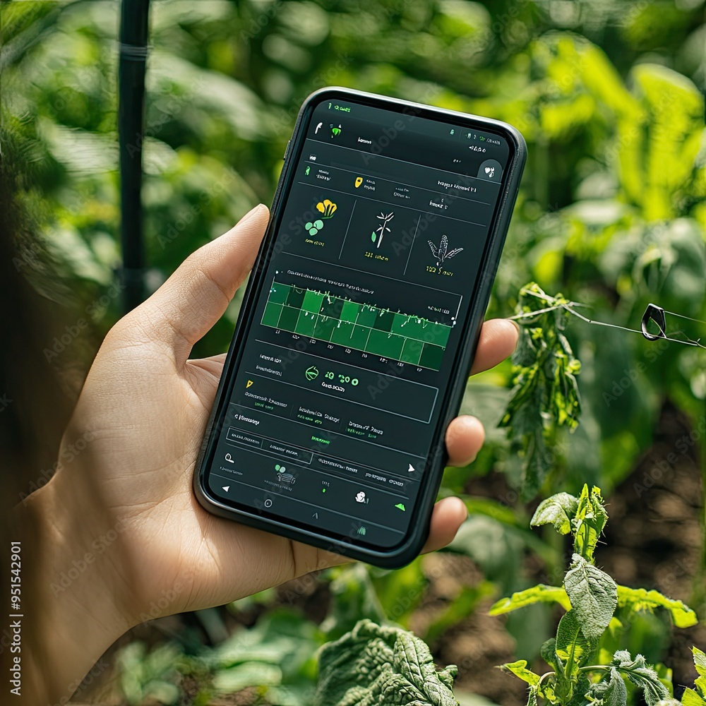 Smartphone screen showing a smart farming dashboard with data on crop ...