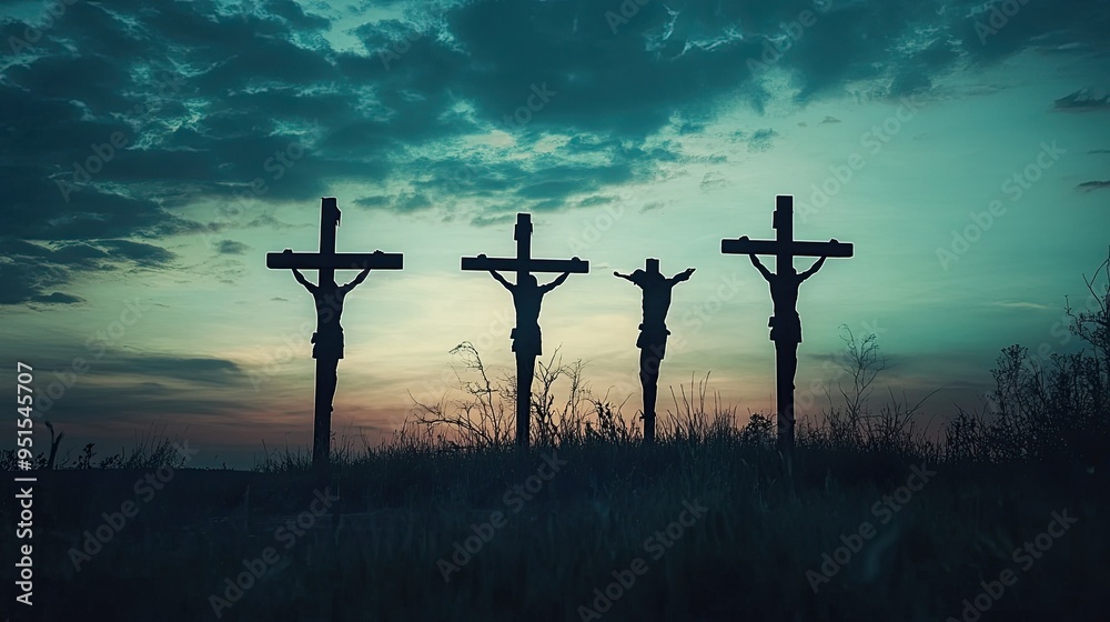 The silhouettes of three men crucified on crosses, standing stark ...