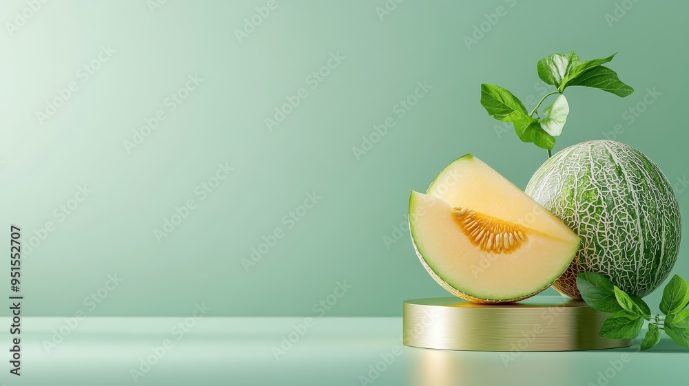 Honeydew melon elegantly displayed on a chrome golden podium with ...