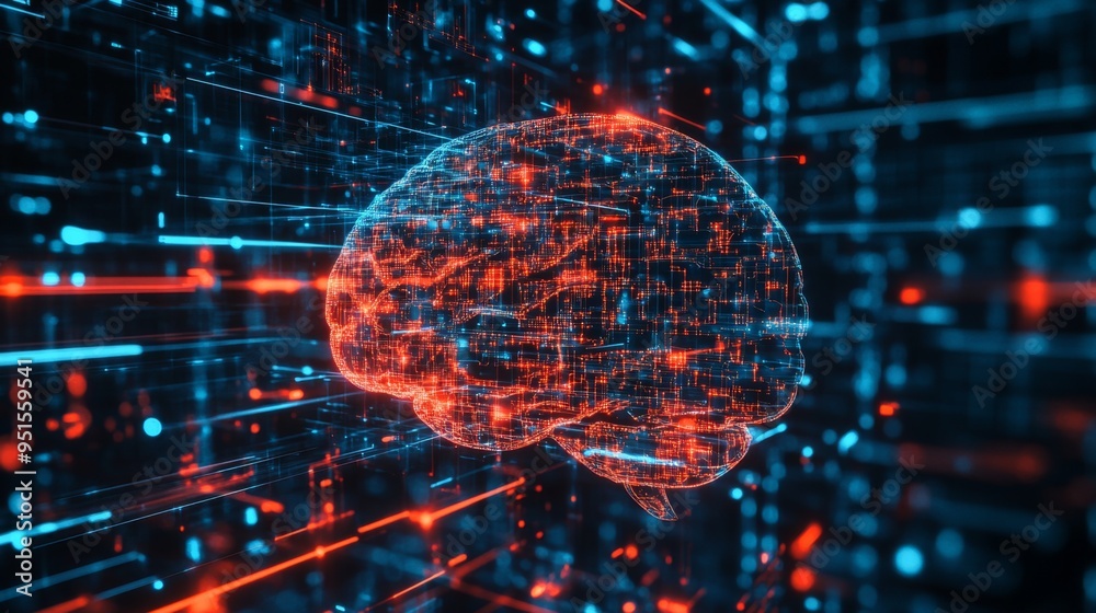 An abstract digital representation of a brain with flowing circuits and data streams ...
