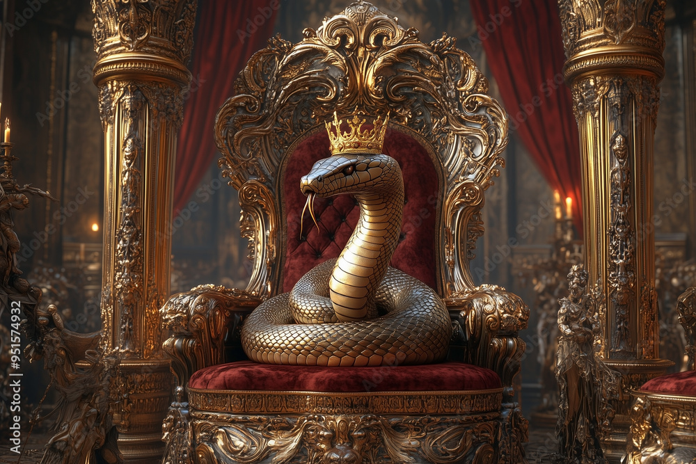 King of Golden Cobra wearing golden crown sitting on a grand ornate ...