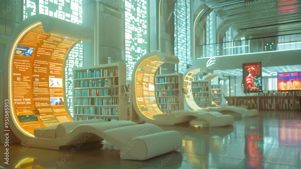 A futuristic library with holographic displays and a large window overlooking a city, A ...