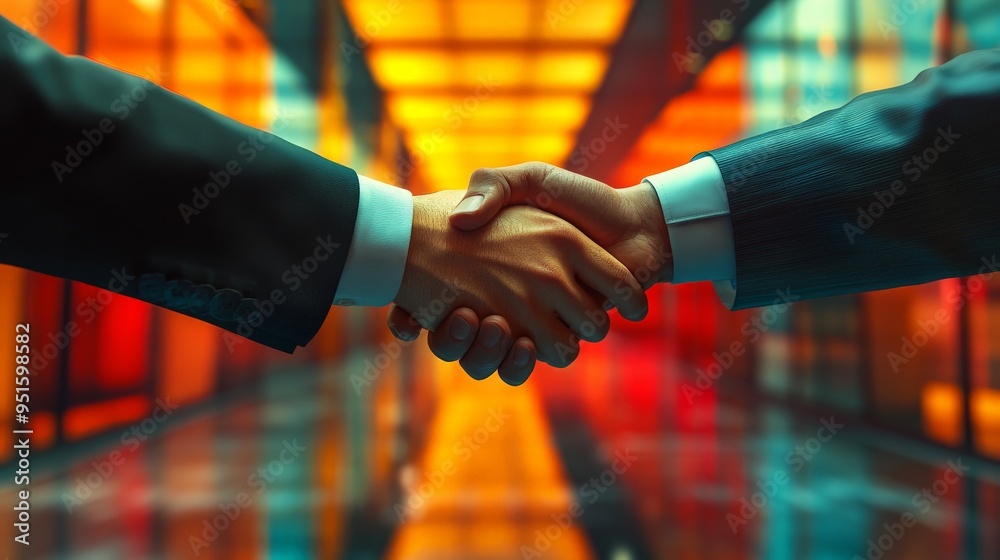 Handshake of Success: Two businessmen shake hands in a modern and ...