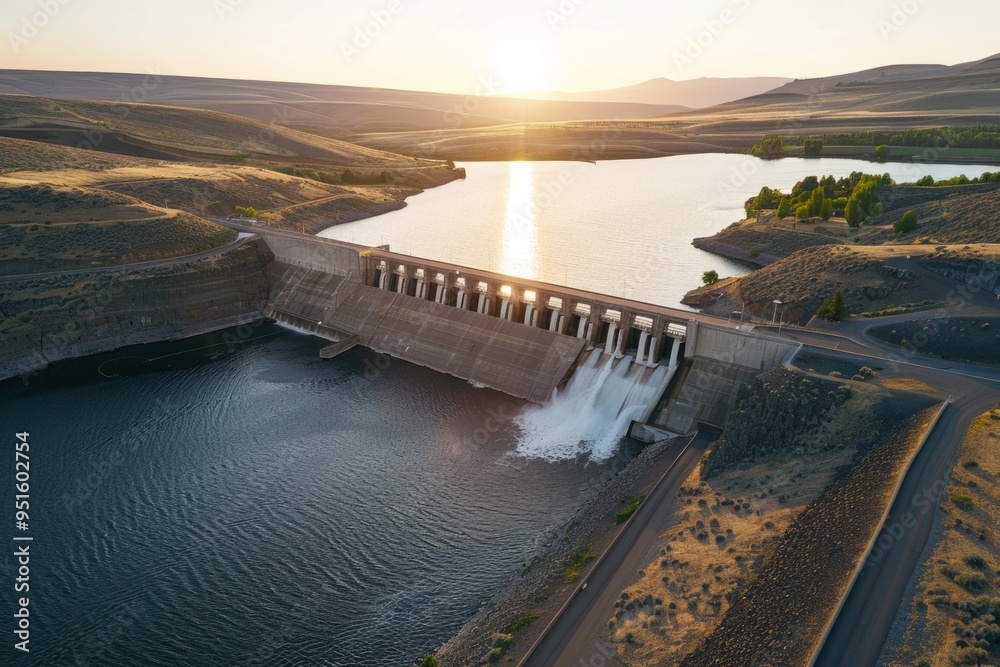 Aerial view of a stunning dam at sunset. Water flows gently into the ...