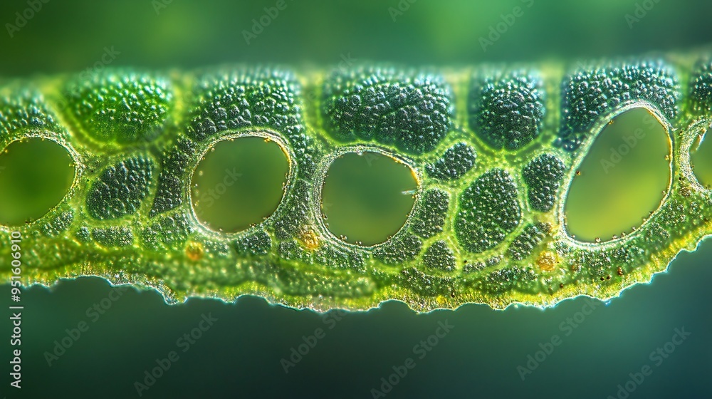 close-up of a leaf under the microscope, visible chloroplasts and veins ...