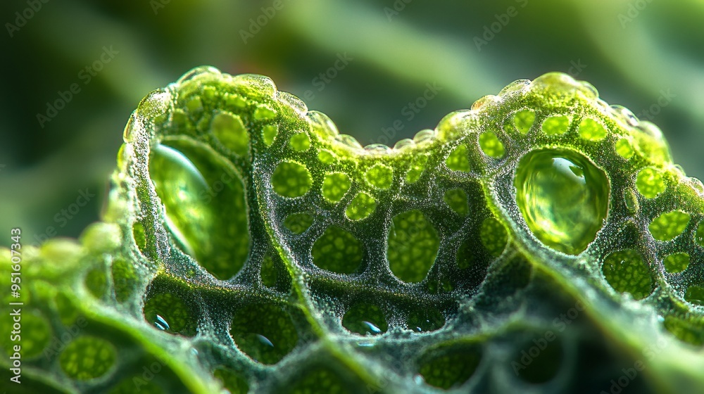close-up of a plant leaf under a microscope, visible stomata and ...