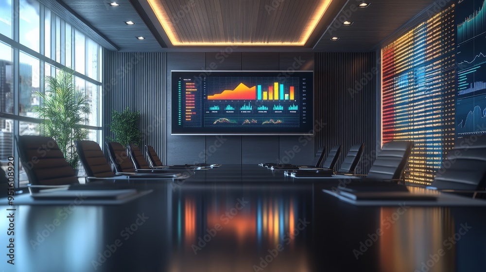 Strategic Command: A panoramic view of a high-tech boardroom, bathed in ...