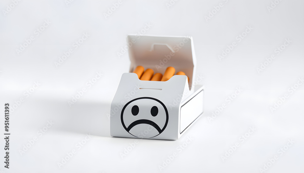 A pack of cigarettes with a cigarette with a sad emoticon. The concept ...