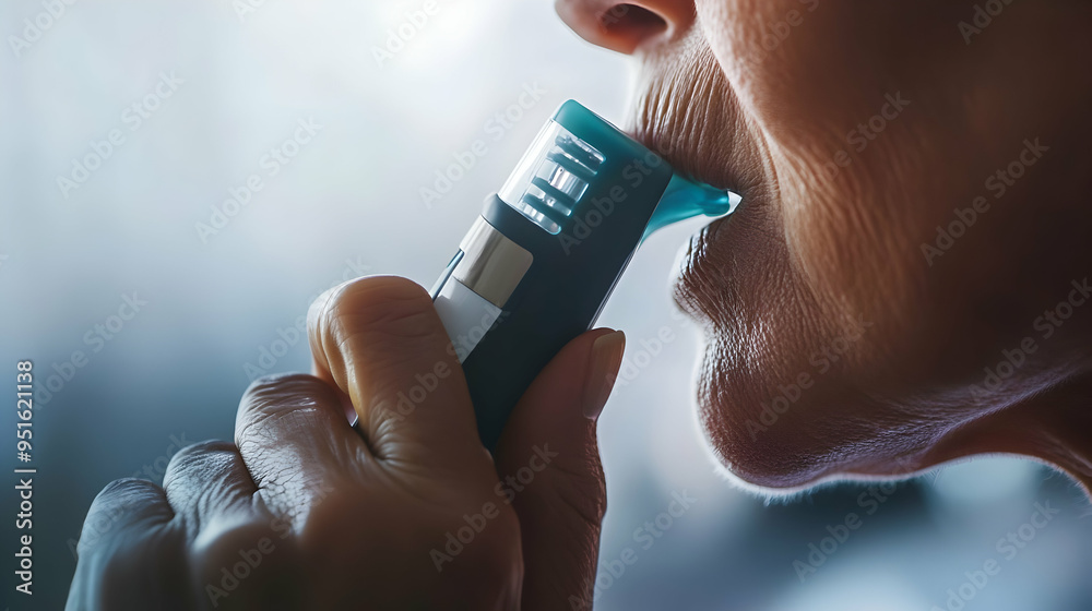 A close-up of a person using an inhaler, with their hand holding the ...