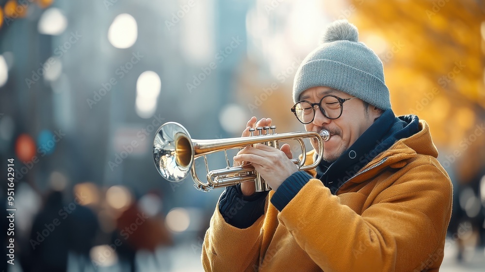 Asian men performing a trumpet solo on a busy city street, captivating ...