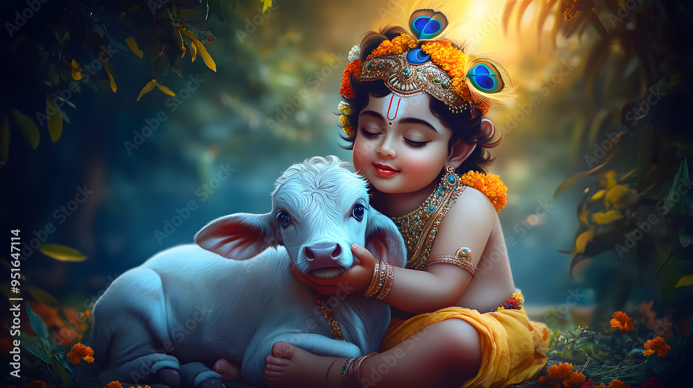 Baby Krishna with his cow, Lord Krishna hugging a calf on Happy ...