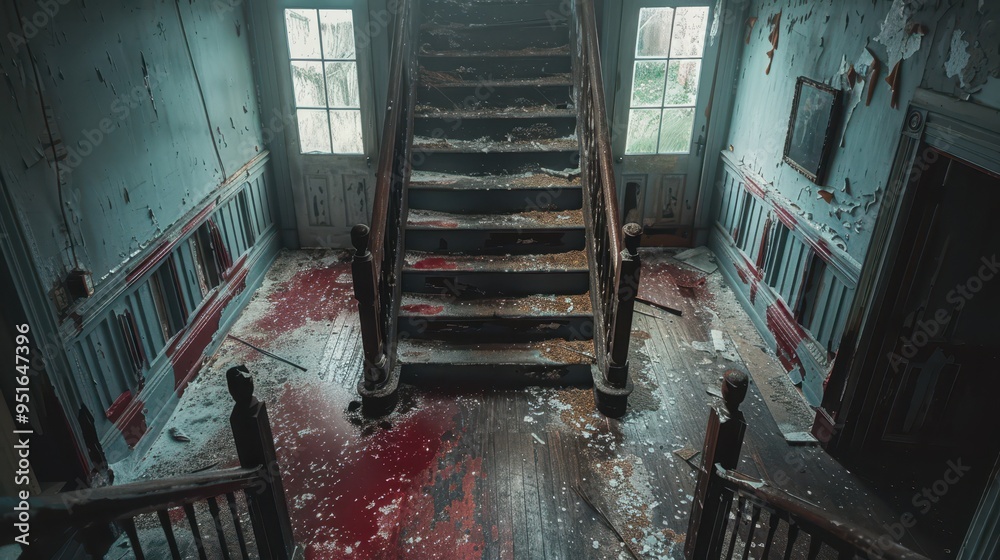An eerie, abandoned staircase in a dusty, haunted house with remnants ...