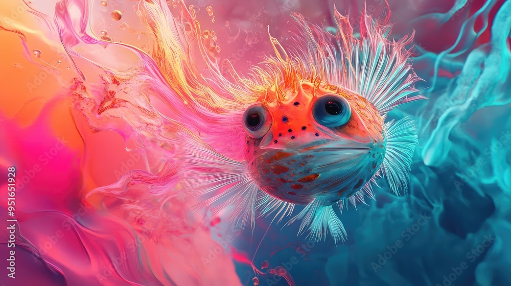 Surreal floating puffer fish in an abstract background, featuring bold ...