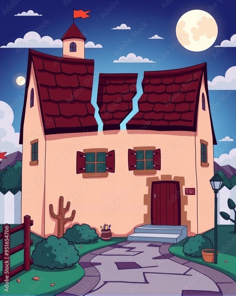cartoon house with a pathway leading to a gate and a fence. Stock ...