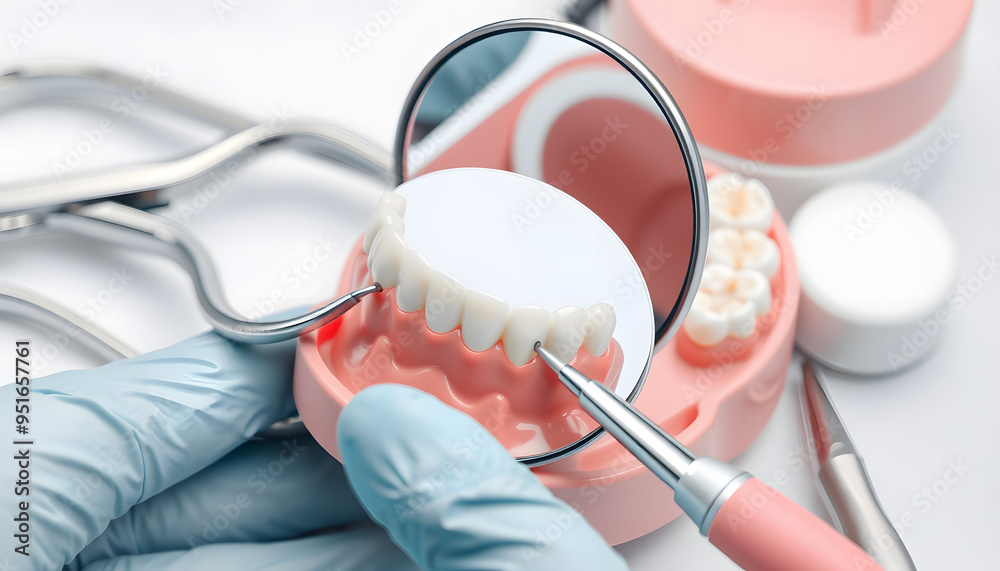 Dental care concept - dentist tools with dentures dentistry instruments ...