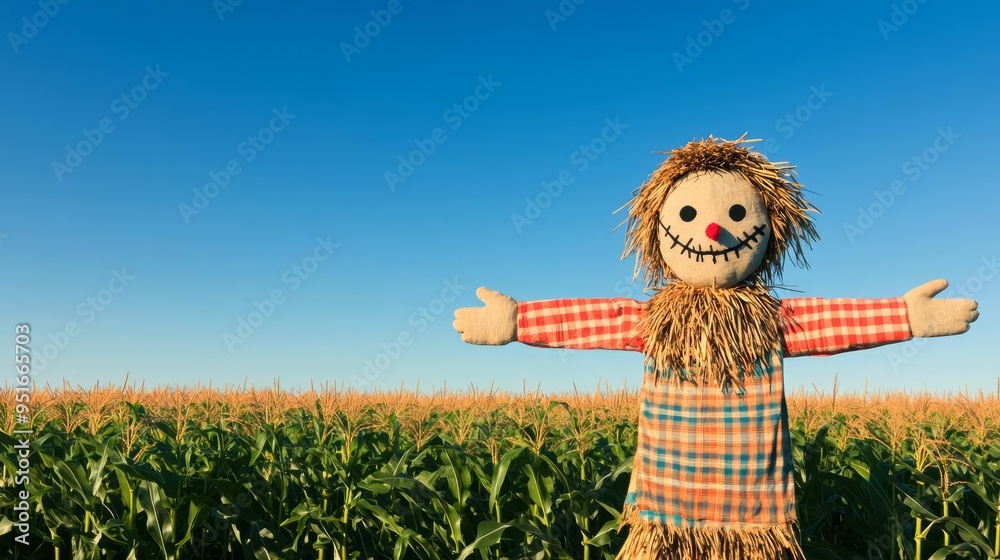 Scarecrow in a Field A friendly scarecrow standing in a cornfield, with ...
