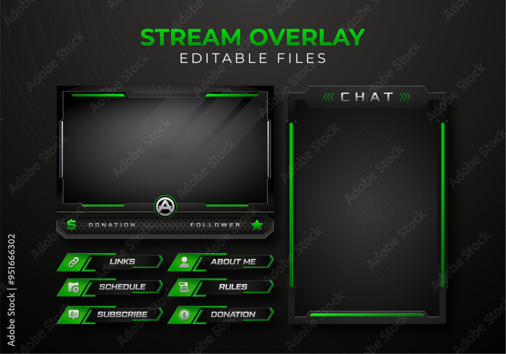 Green and black stream overlay design template with editable files ...