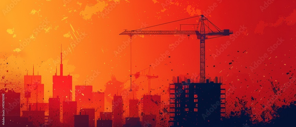 Construction crane toppled over a half-built skyscraper, representing ...