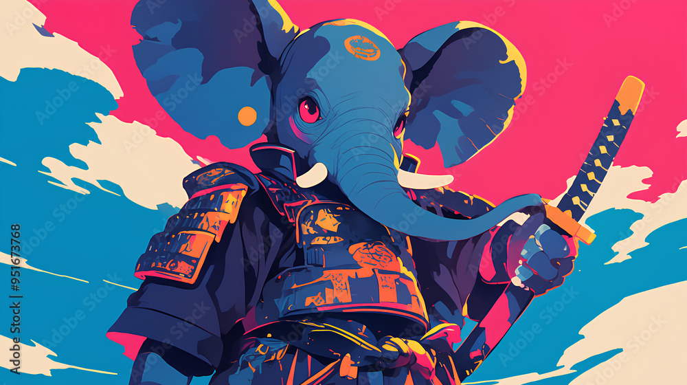 Cute elephant wearing Japanese samurai armor, cool poses, cute kawaii ...
