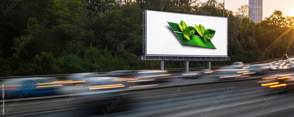 Billboard with a renewable energy message on a busy freeway, eco ...
