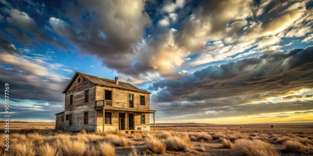 Abandoned two-story building against vast sky and desolate plain ...