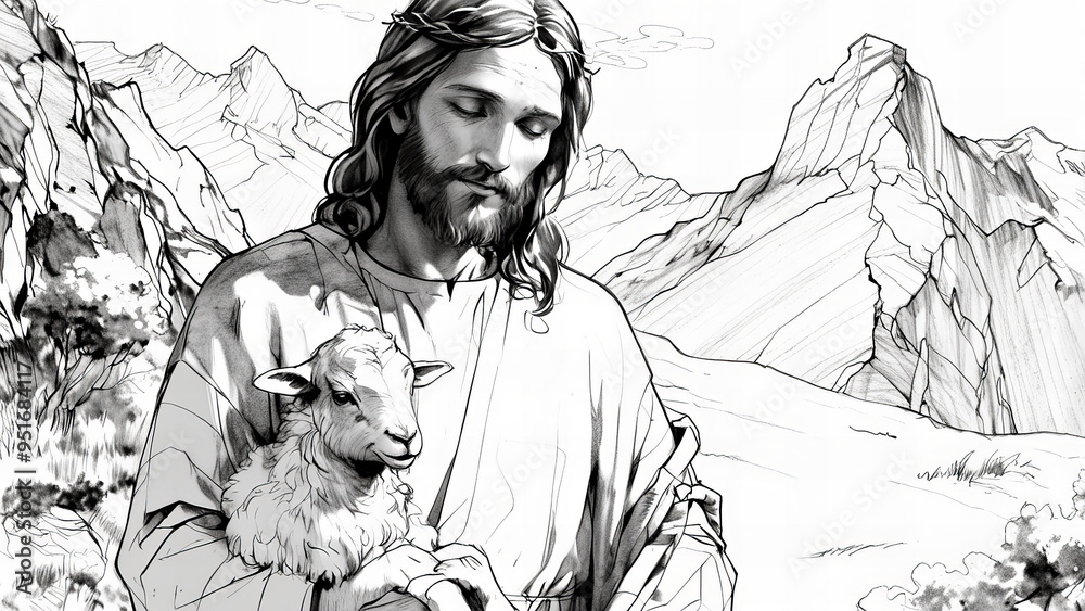 Jesus Christ with Lamb in Pencil Drawing Style Depicted in a Detailed ...