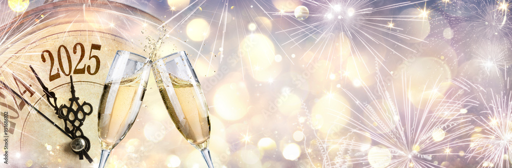 2025 - New Year Celebration With Champagne And Clock - Toast With ...