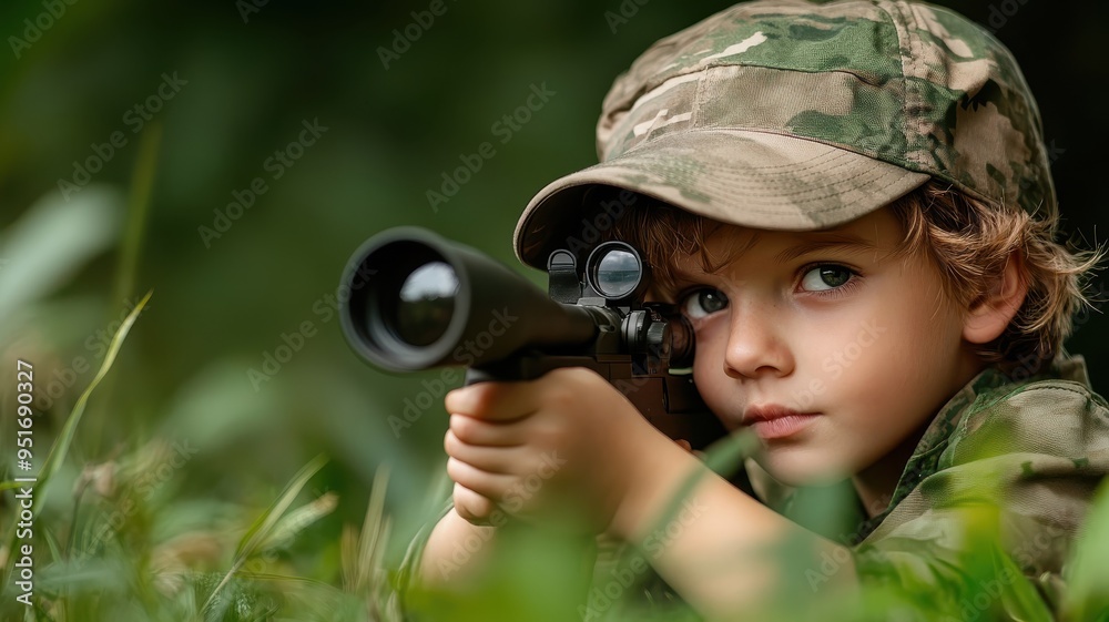 Kid pretending to be a sniper, using toy sniper gear and camouflage in ...