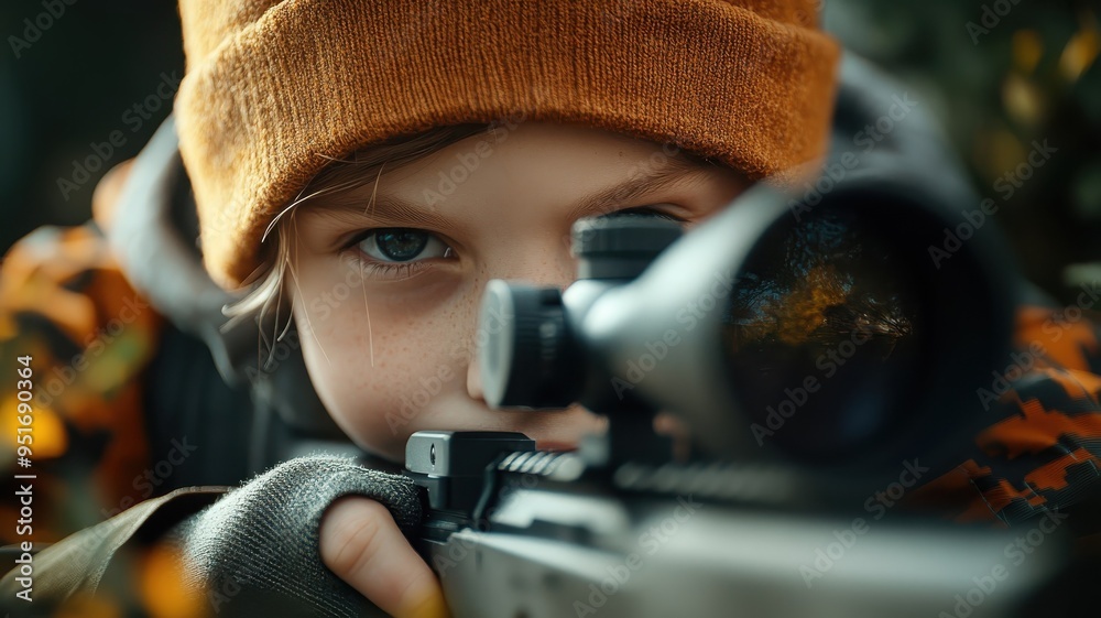 Kid pretending to be a sniper, using toy sniper gear and camouflage in ...