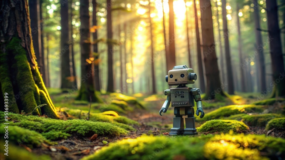 Little robot exploring in the woods with a sense of wonder, robot ...