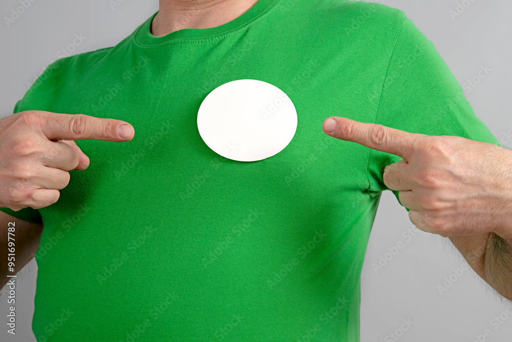 Round badge sticky label mockup template. Pin button on chest. White ...
