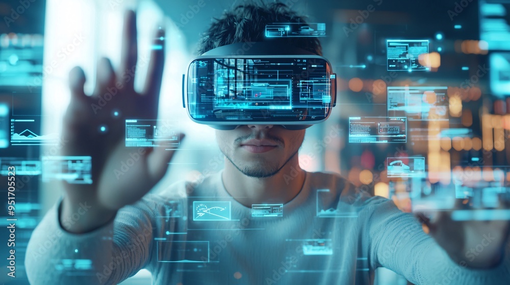 Virtual reality scene of a user building a website in a 3D environment ...