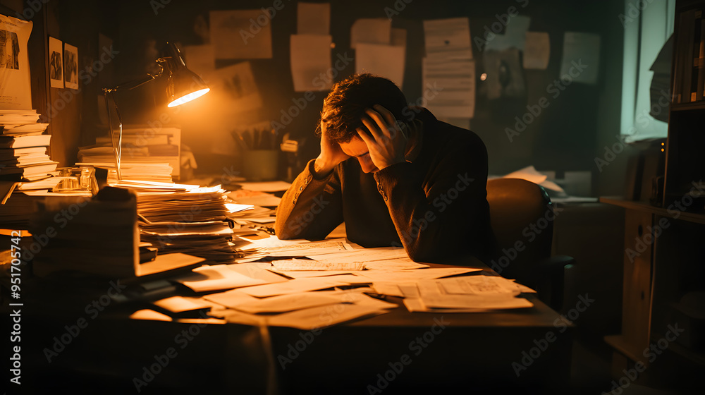 Messy office desk working man stressed frustration overwhelm burnout ...