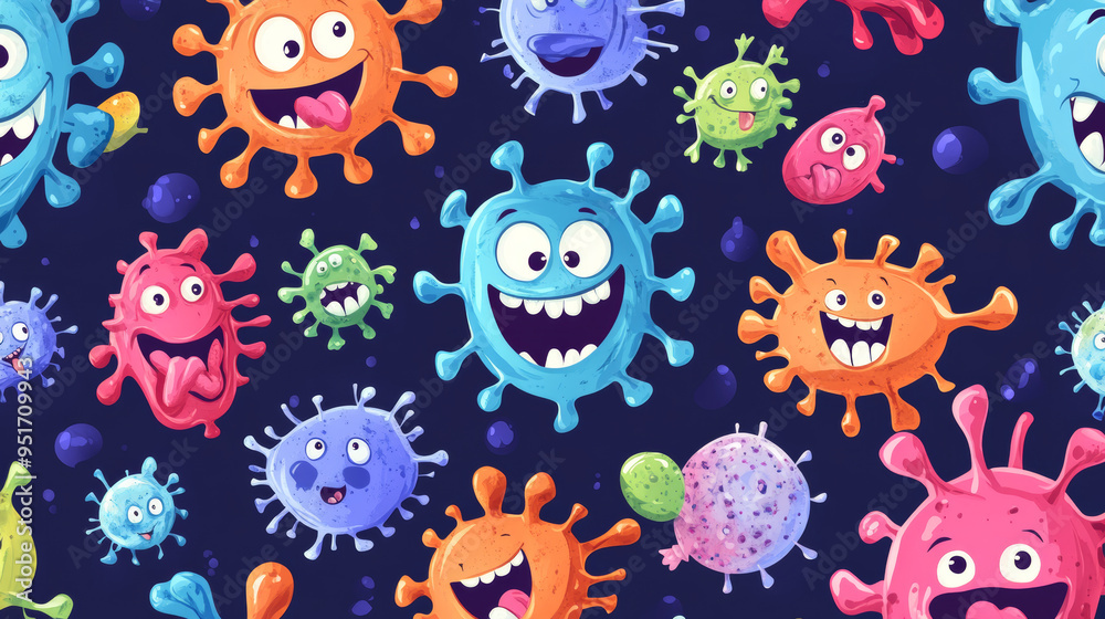 Cartoon vector characters of bacteria, microbes, and viruses with ...
