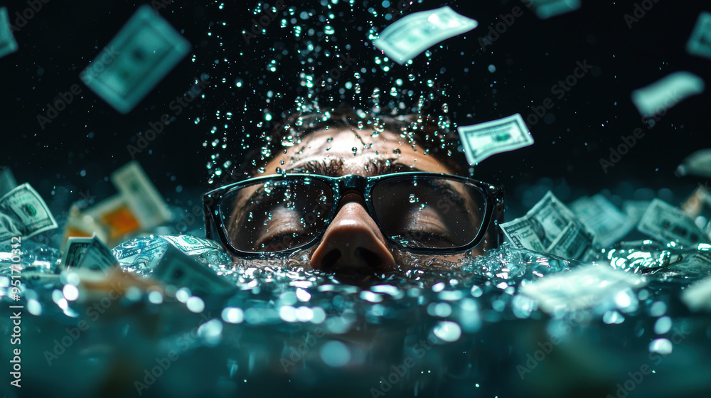 Individual drowning in a flood of overdue invoices, depicting financial ...