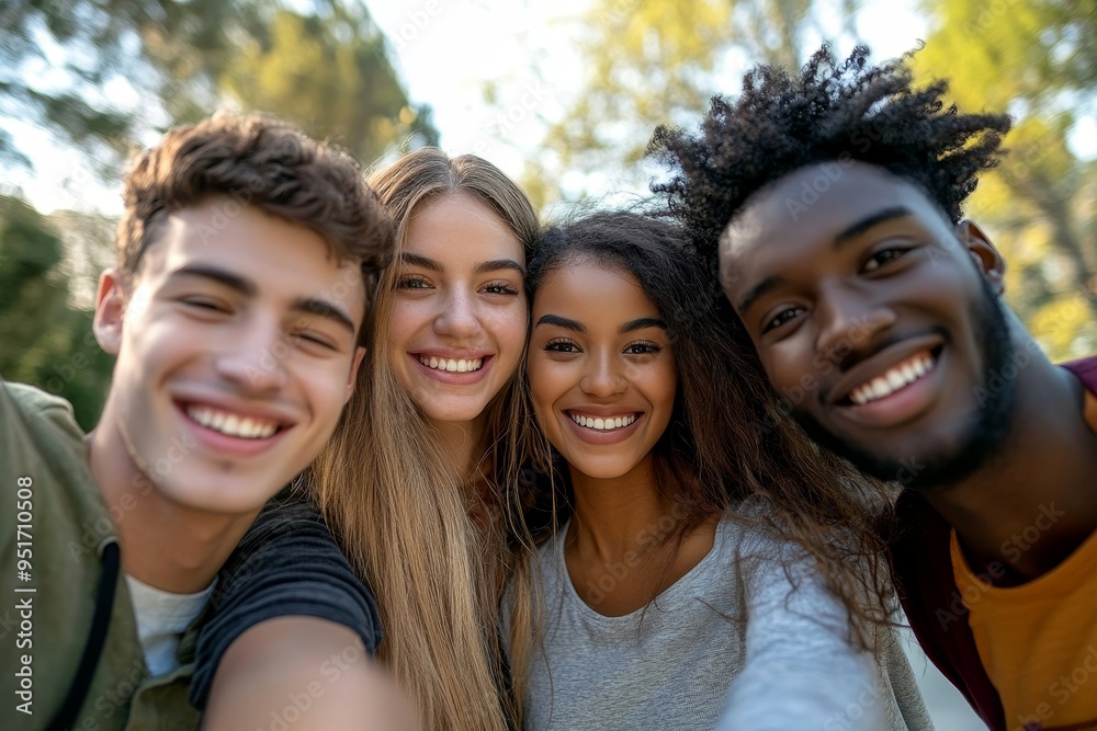 Group of happy friends posing for a selfie on a spring day as they ...