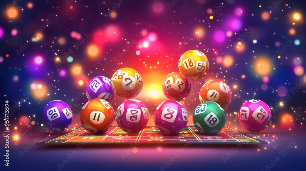 Bingo lottery balls and cards featuring lucky numbers, set against a ...