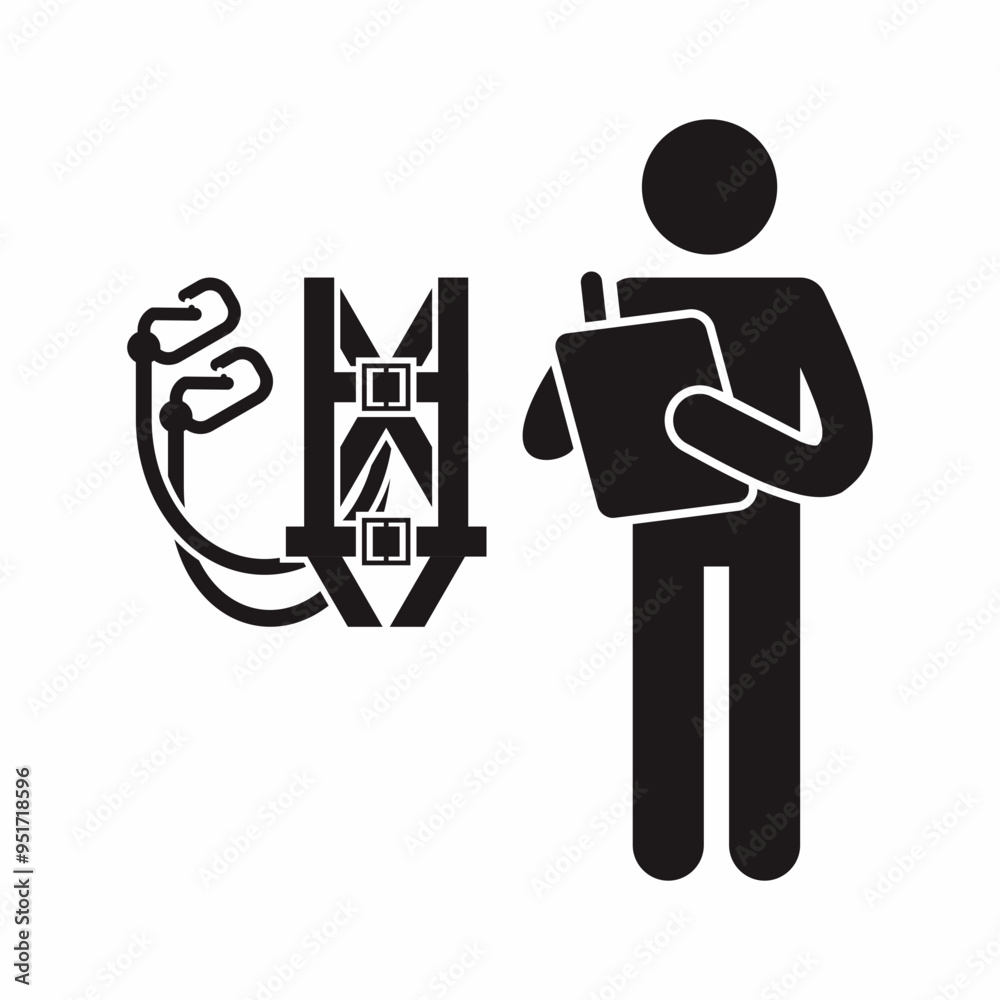 Stick figure of a man conduct safety inspection for body harness as a ...