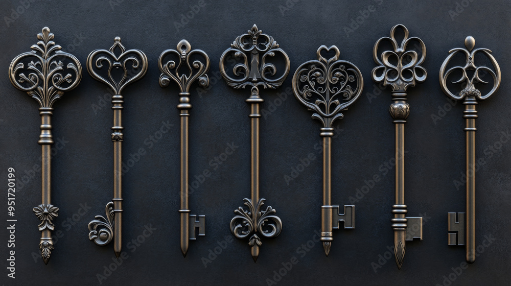 Ornamental medieval vintage keys featuring intricate forging, with ...