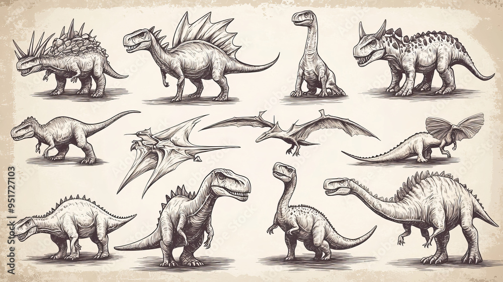 Icons of prehistoric reptiles. Dinosaur sketches including triceratops ...