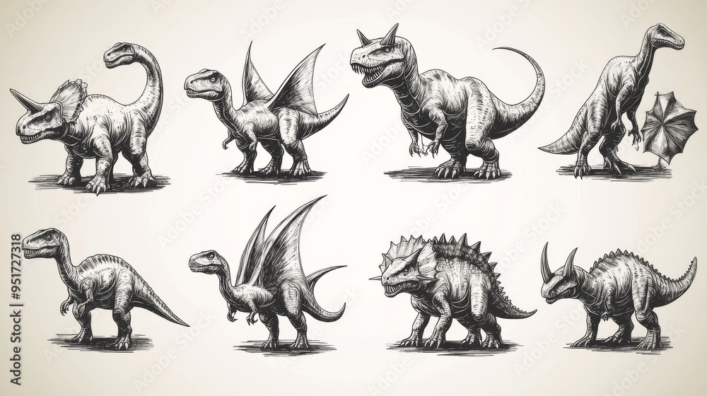 Icons of prehistoric reptiles. Dinosaur sketches including triceratops ...
