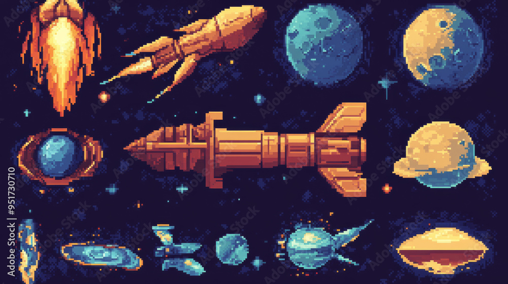 8-bit pixel art space game assets, including galaxy planets, rockets ...