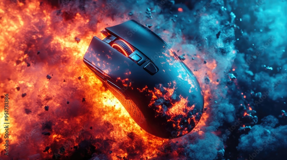A gaming mouse erupts in flames and smoke, symbolizing a catastrophic ...