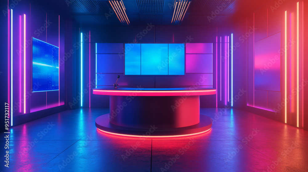 Vector illustration of a news broadcasting studio interior, featuring ...