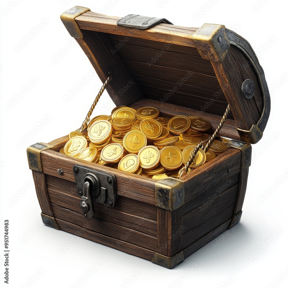 The treasure box filled with gold is isolated on a transparent ...