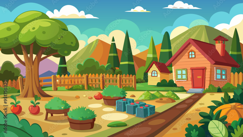 landscape with houses and trees. Funny countryside scenery with a ...